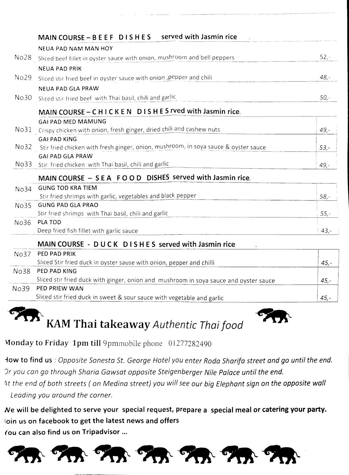 Menu at Kam Thai restaurant, Luxor