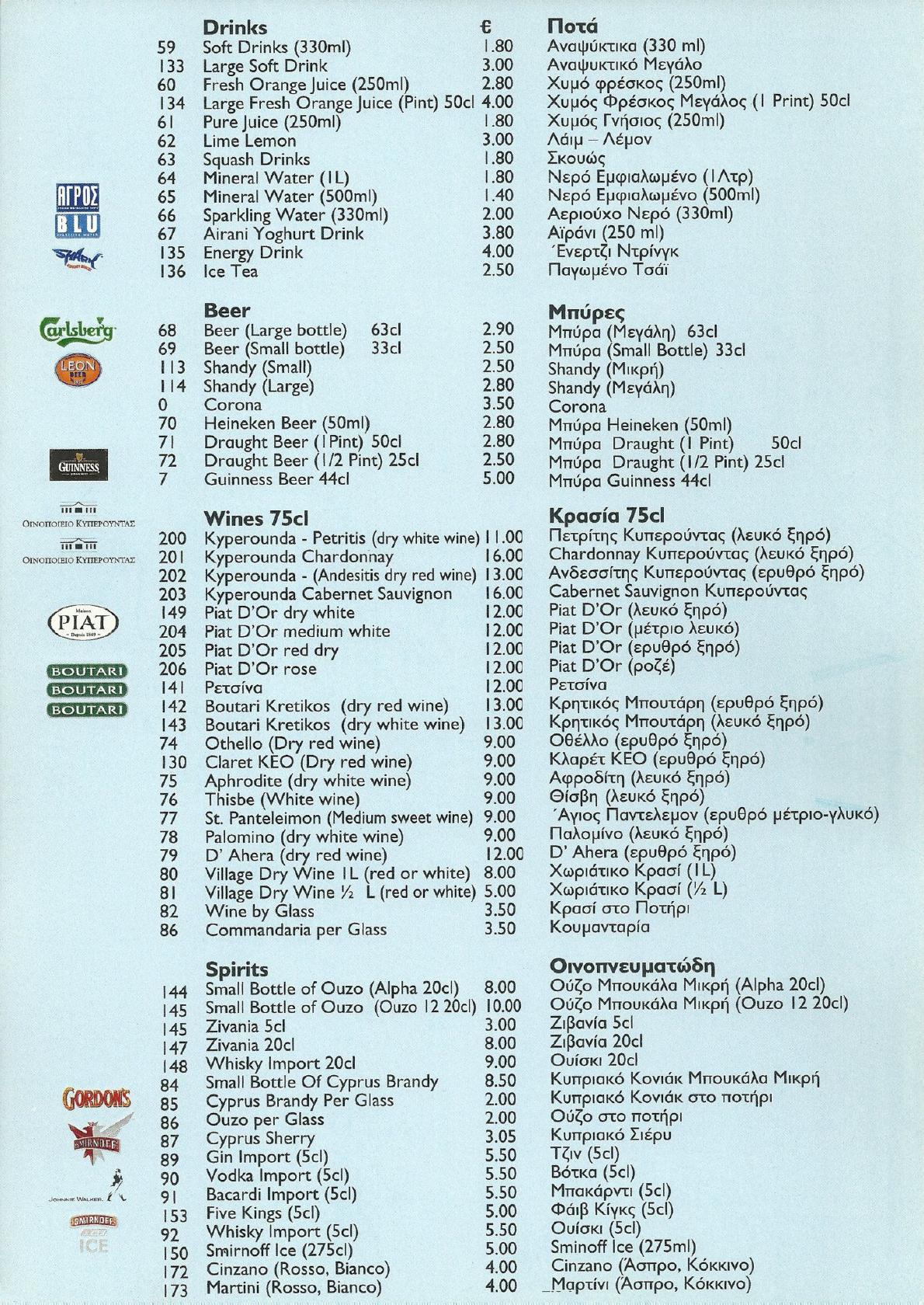 Menu at Navy Marine, Larnaca, Athenon 100