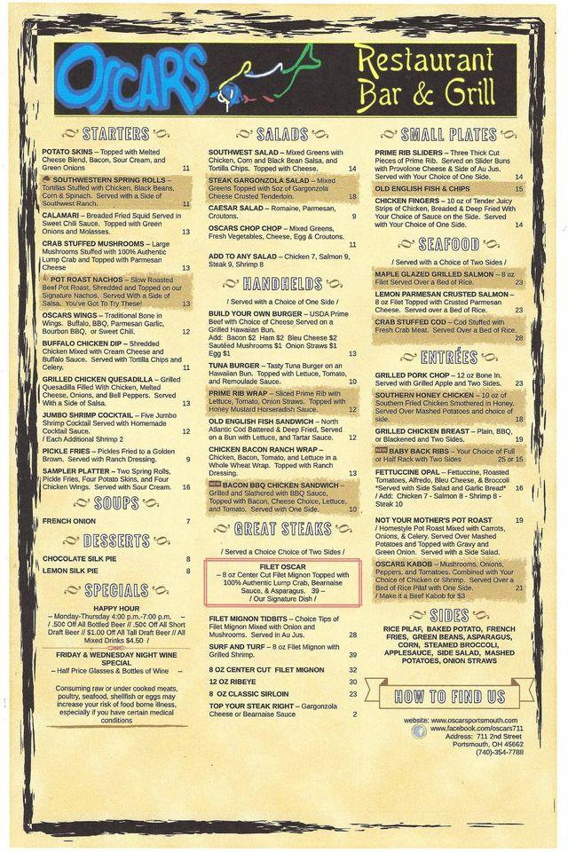 Menu at Oscar's Restaurant & Lounge, Portsmouth
