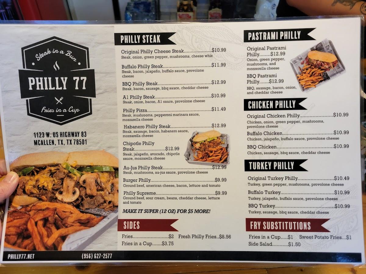 Menu at PHILLY 77 restaurant, McAllen, US-83 BUS