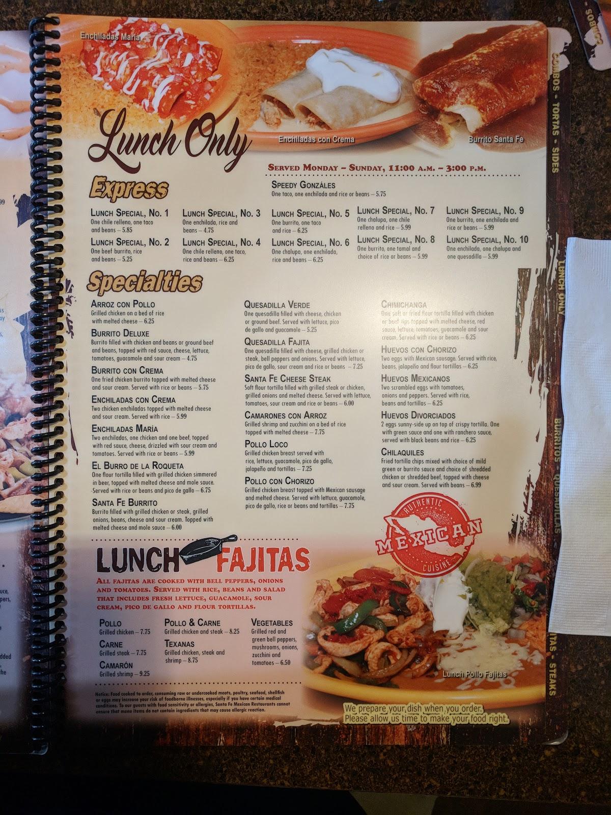 Menu at Santa Fe Mexican Grill restaurant, Kingsport