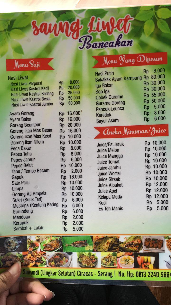 Carta del restaurante Saung Liwet Bancakan Serang, Serang