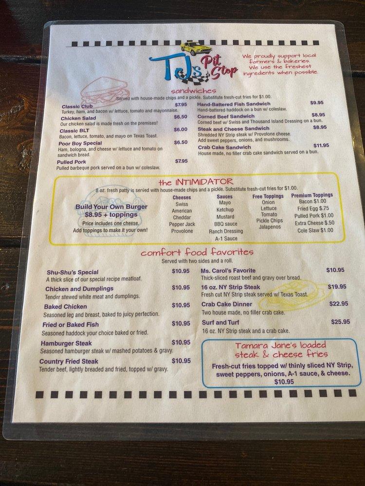 Menu at Tjs Pit Stop pub & bar, Charles Town