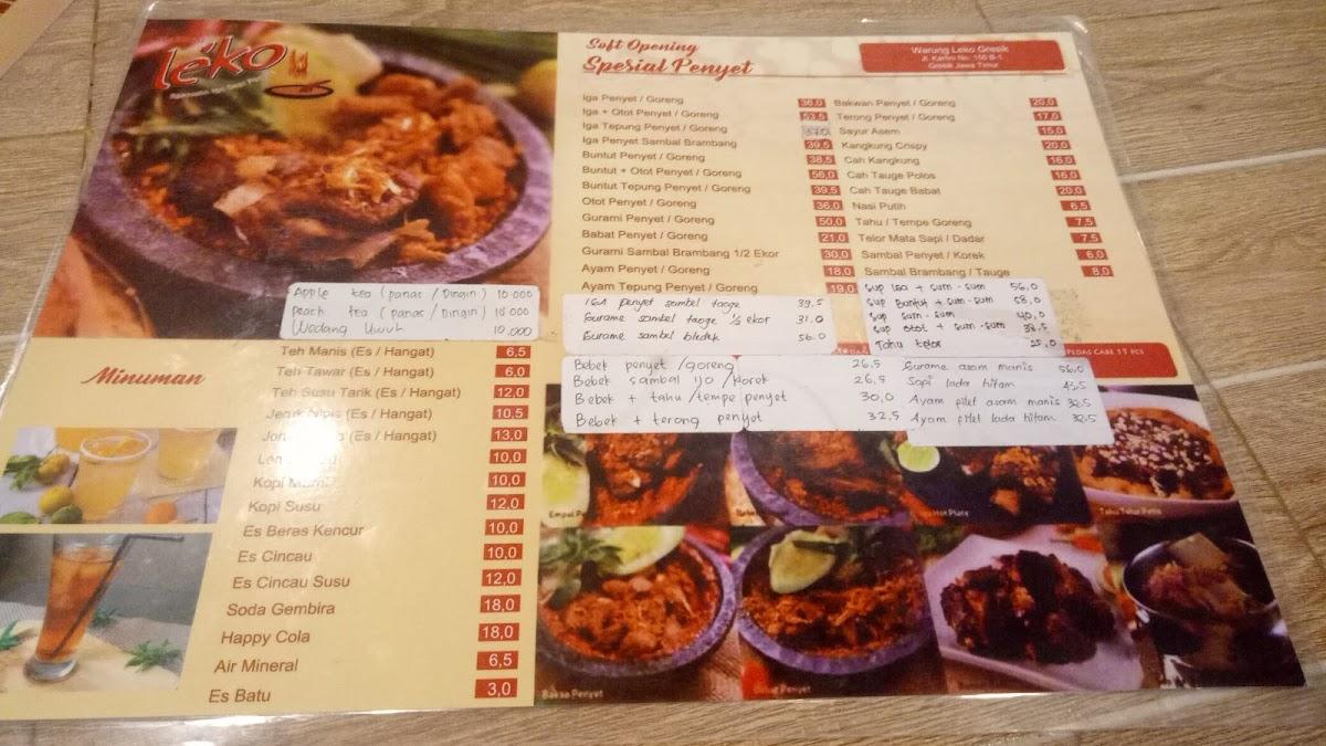 Menu at Warung Iga Penyet Leko restaurant, Gresik