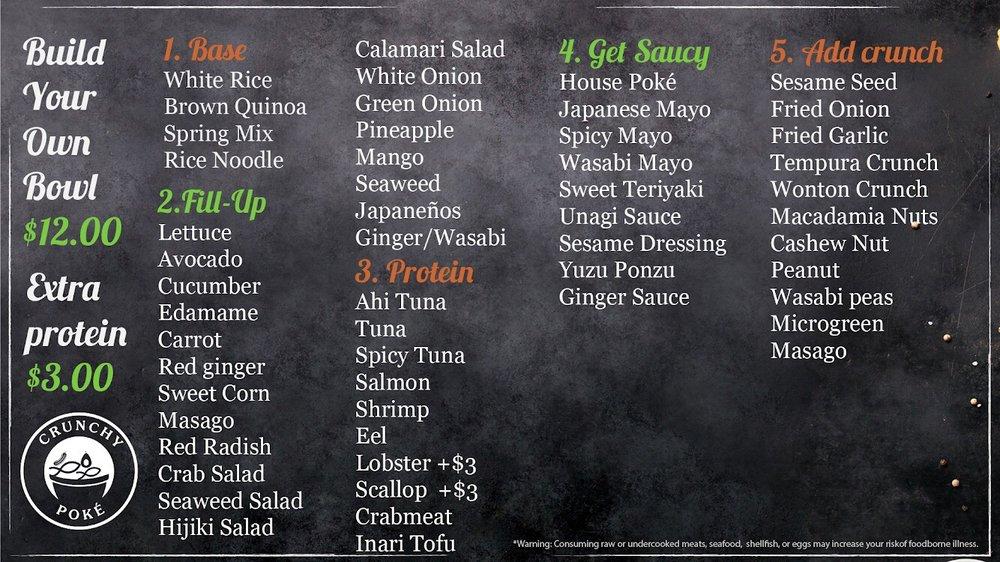 Menu at CRUNCHY POKÉ restaurant, Portland