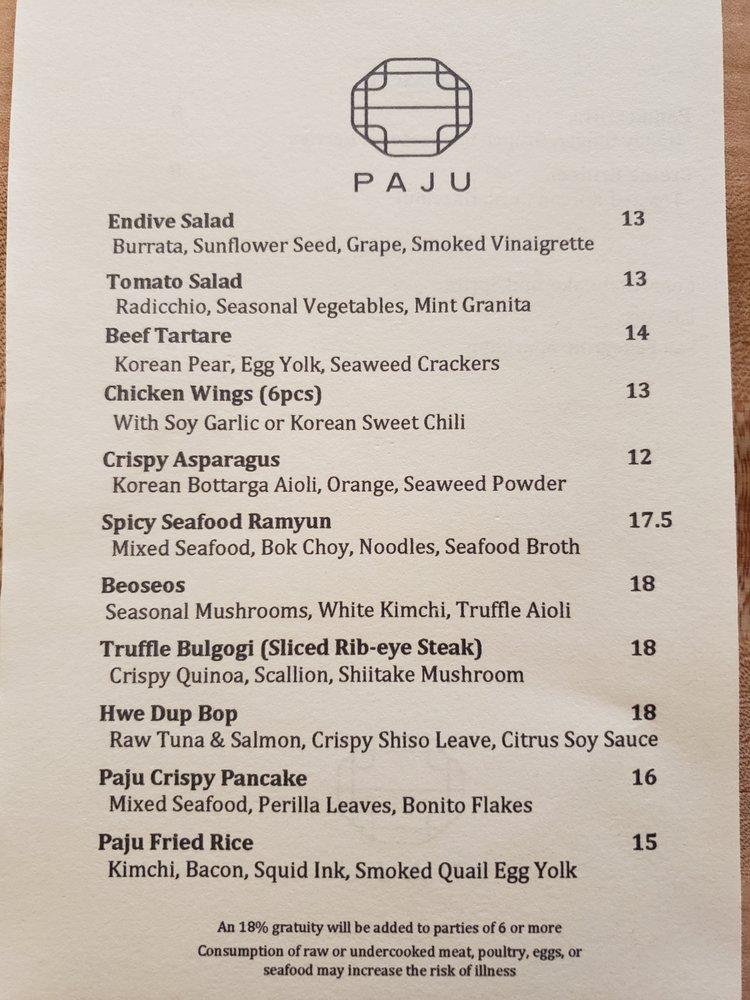 Menu at Paju restaurant, Seattle