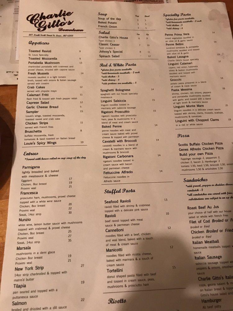 Menu at Charlie Gitto's Downtown restaurant, St. Louis, 207 N 6th St