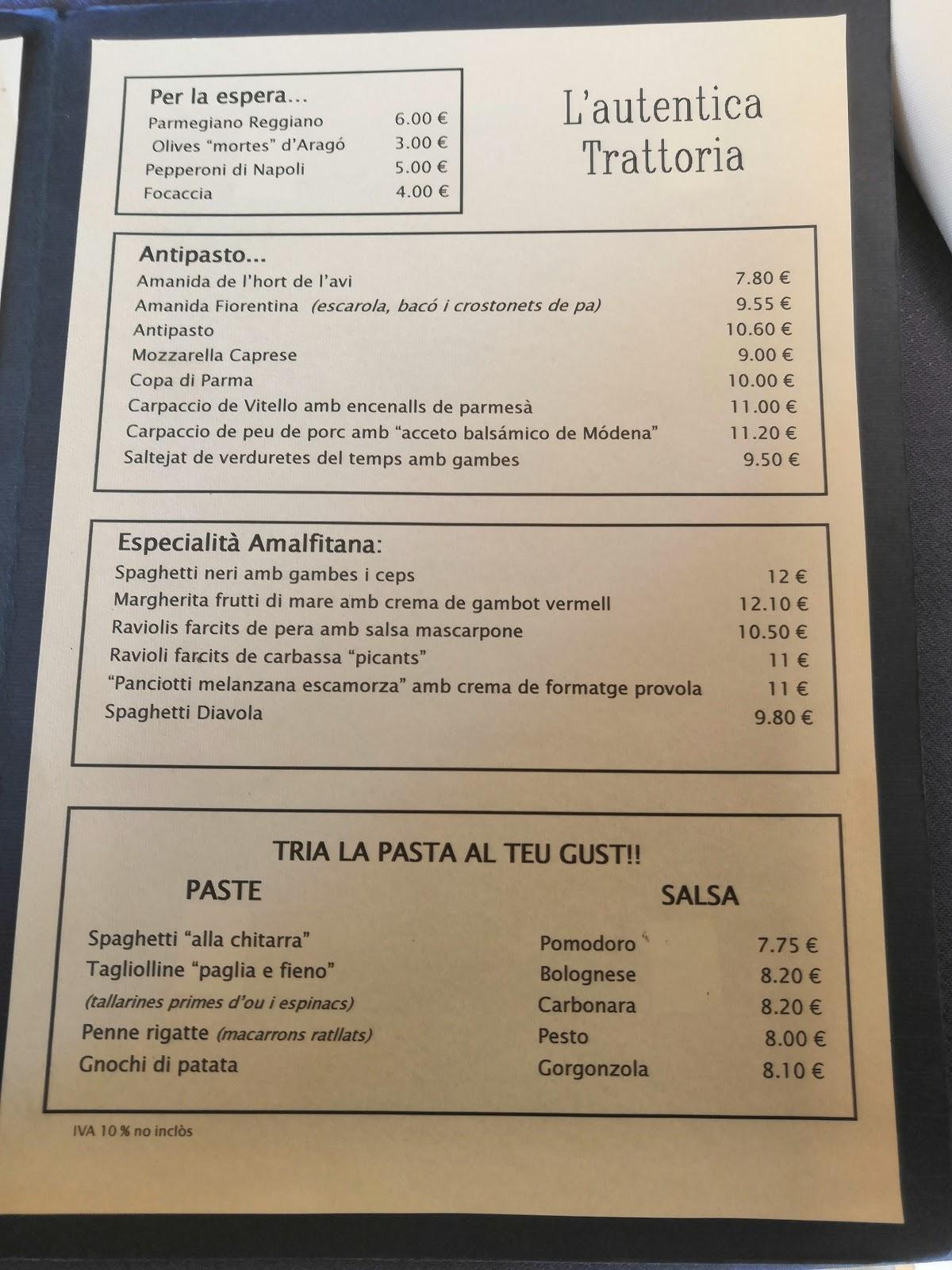 Menu at La Vinya cafe, Artés