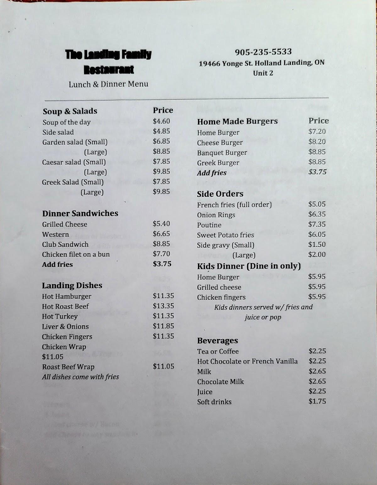 Menu at Landing Family Restaurant, East Gwillimbury