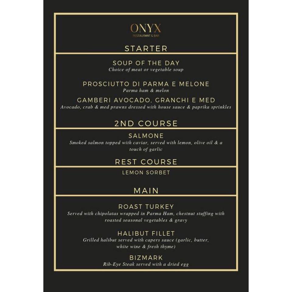 Menu at ONYX Restaurant & Bar, Hornchurch