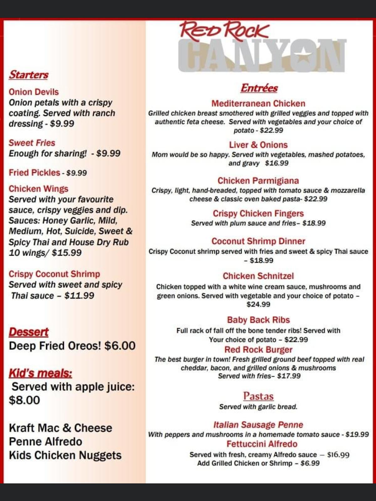 Menu at Red Rock Canyon restaurant, Belleville