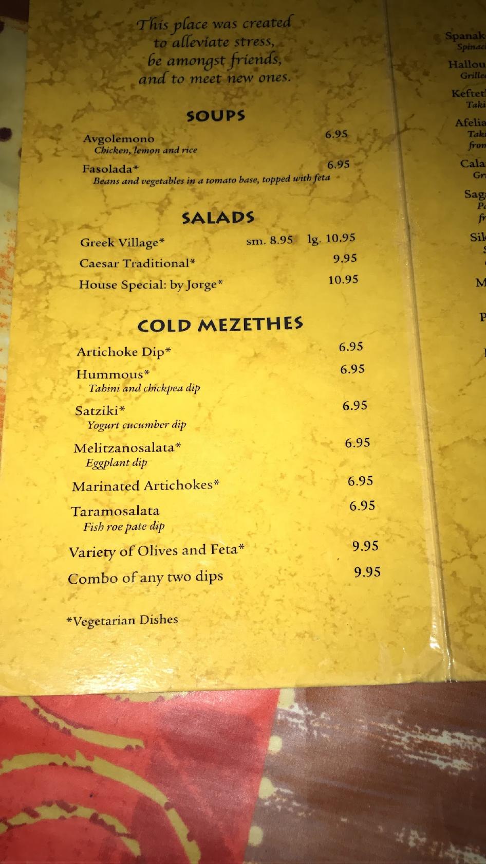 Menu at Takis' Taverna Greek Restaurant, Vancouver