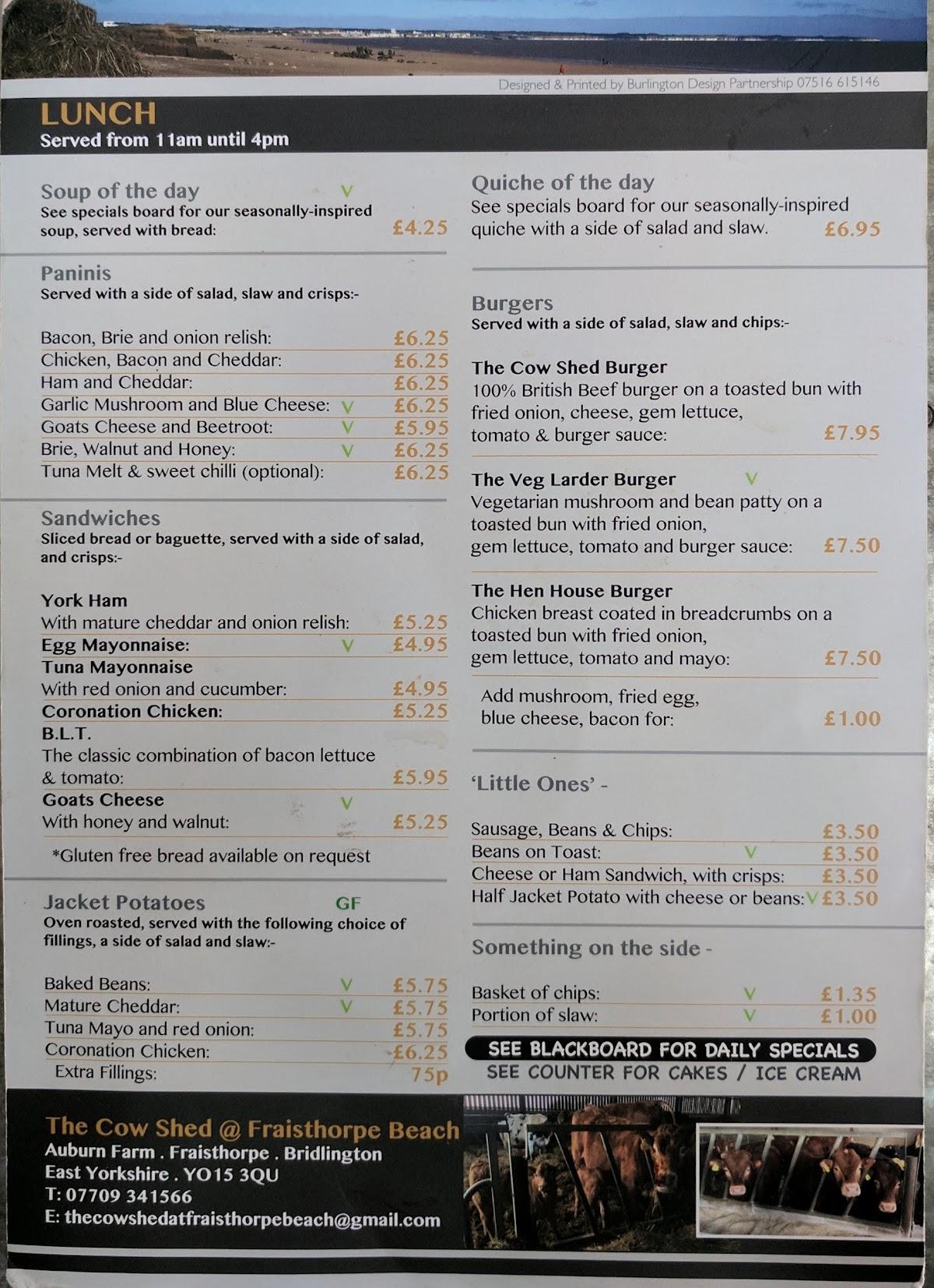 Menu at The Cow Shed At Fraisthorpe Beach cafe, Bridlington