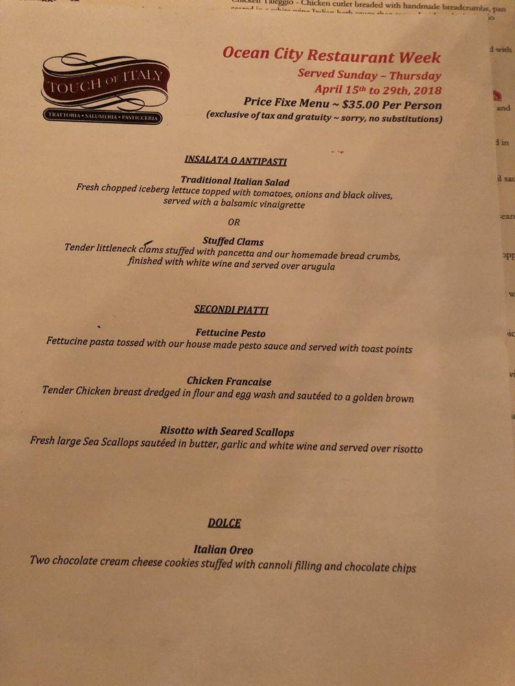 Carta del restaurante Touch of Italy, Ocean City