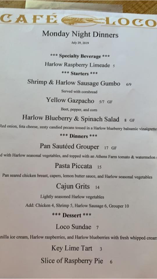 Menu at Cafe Loco, Westminster