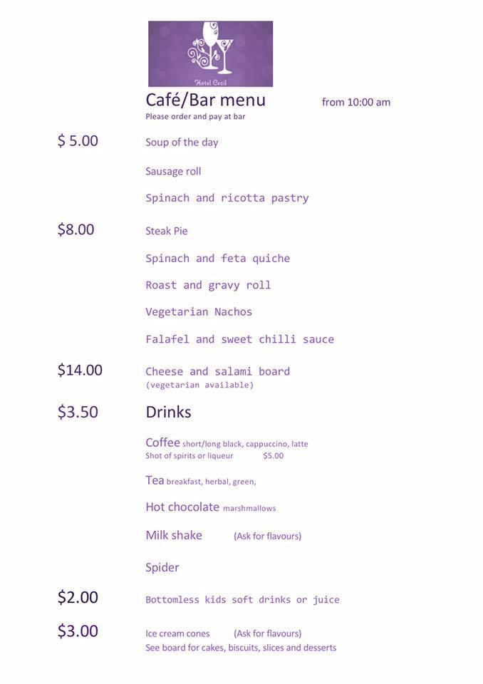 Menu at Hotel Cecil pub & bar, Wondai