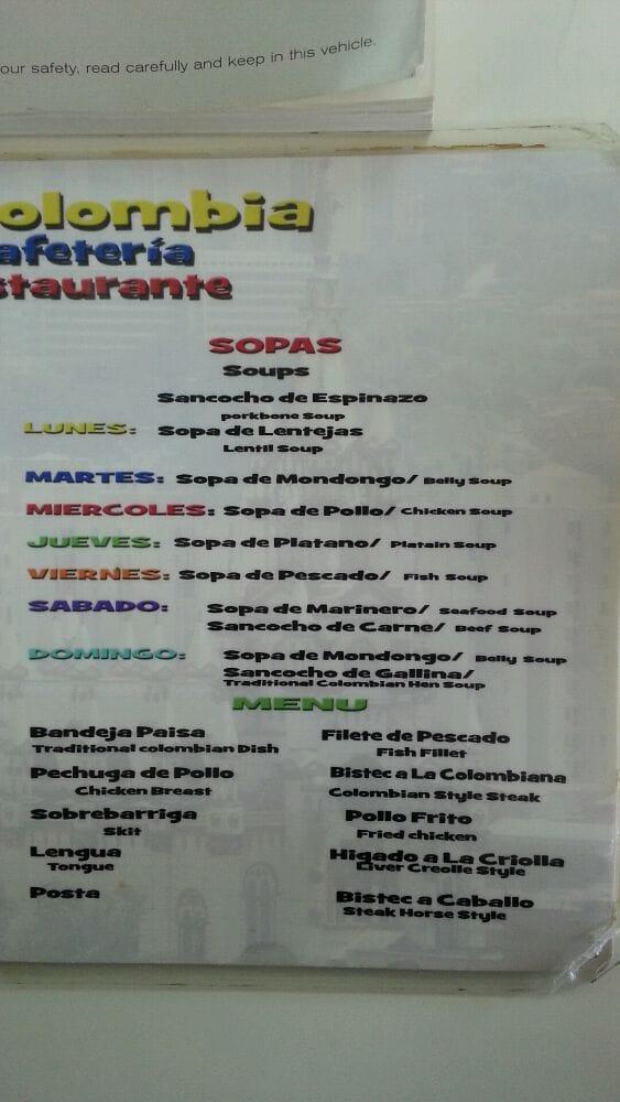 Menu at Mi Colombia cafeteria Miami Beach, Miami Beach