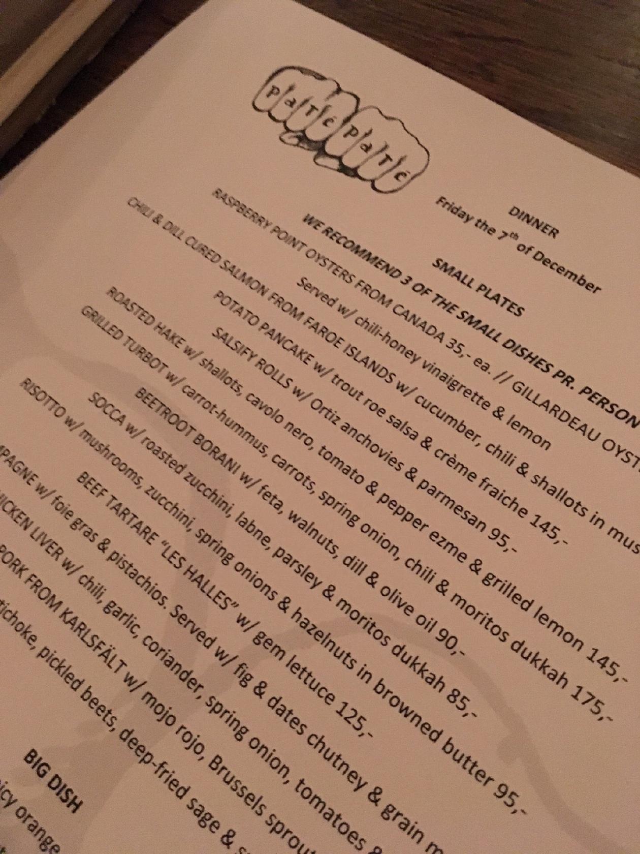 Menu at Paté Paté pub & bar, Copenhagen, Slagterboderne 1