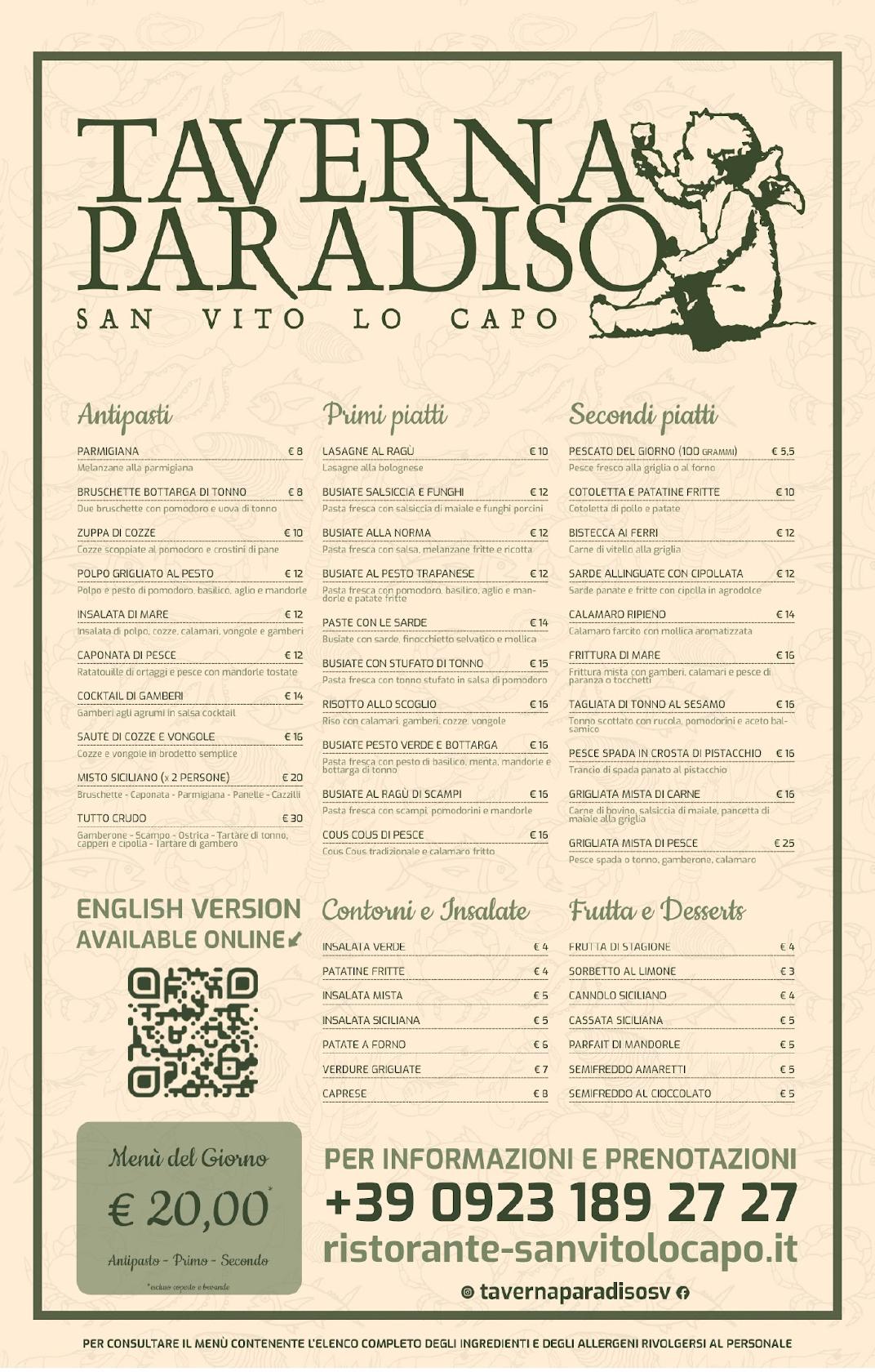 Menu da Taverna Paradiso ristorante, San Vito Lo Capo