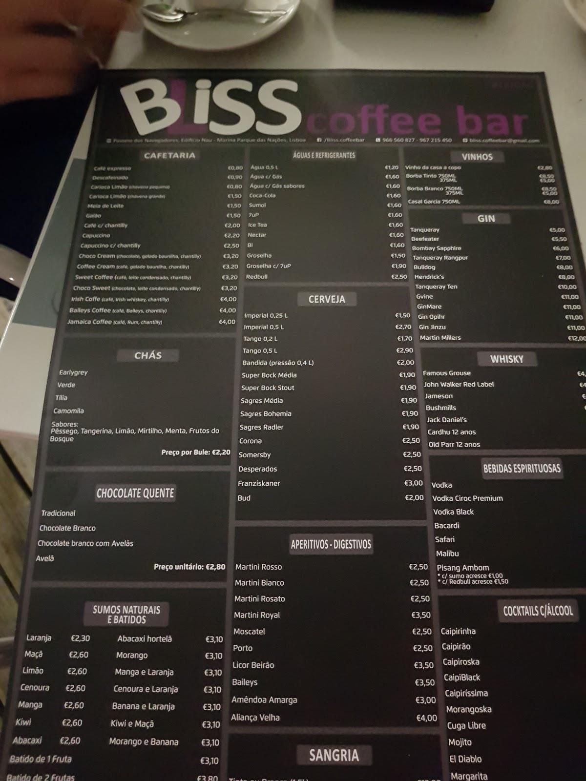 Menu at Bliss Bar, Lisbon
