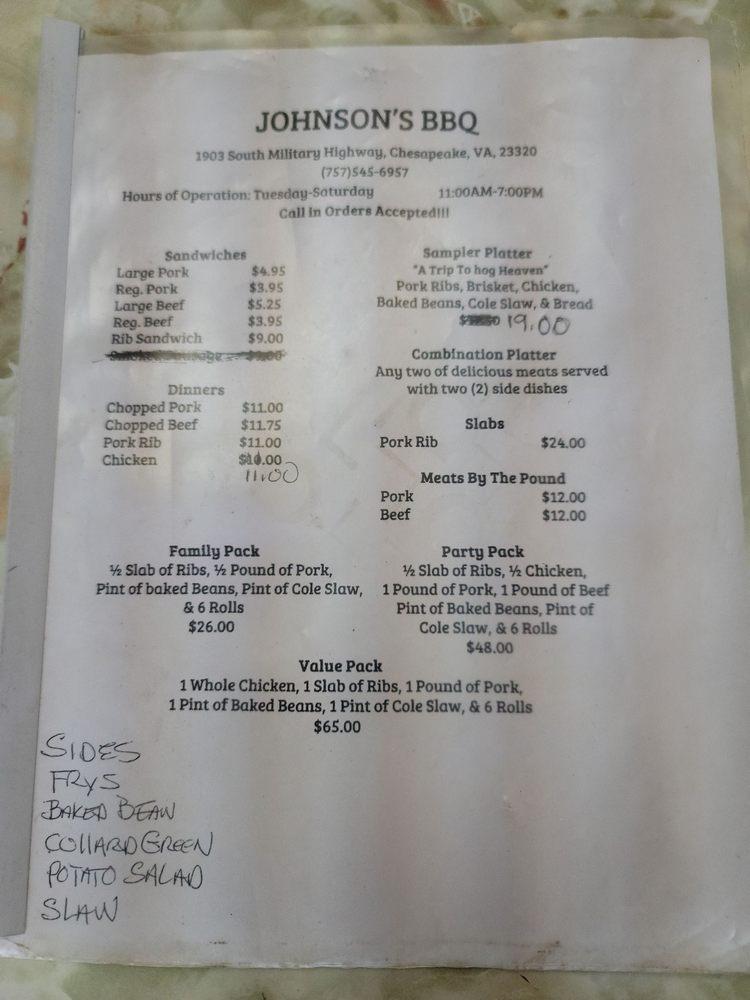 Menu at Johnson's BBQ, Chesapeake