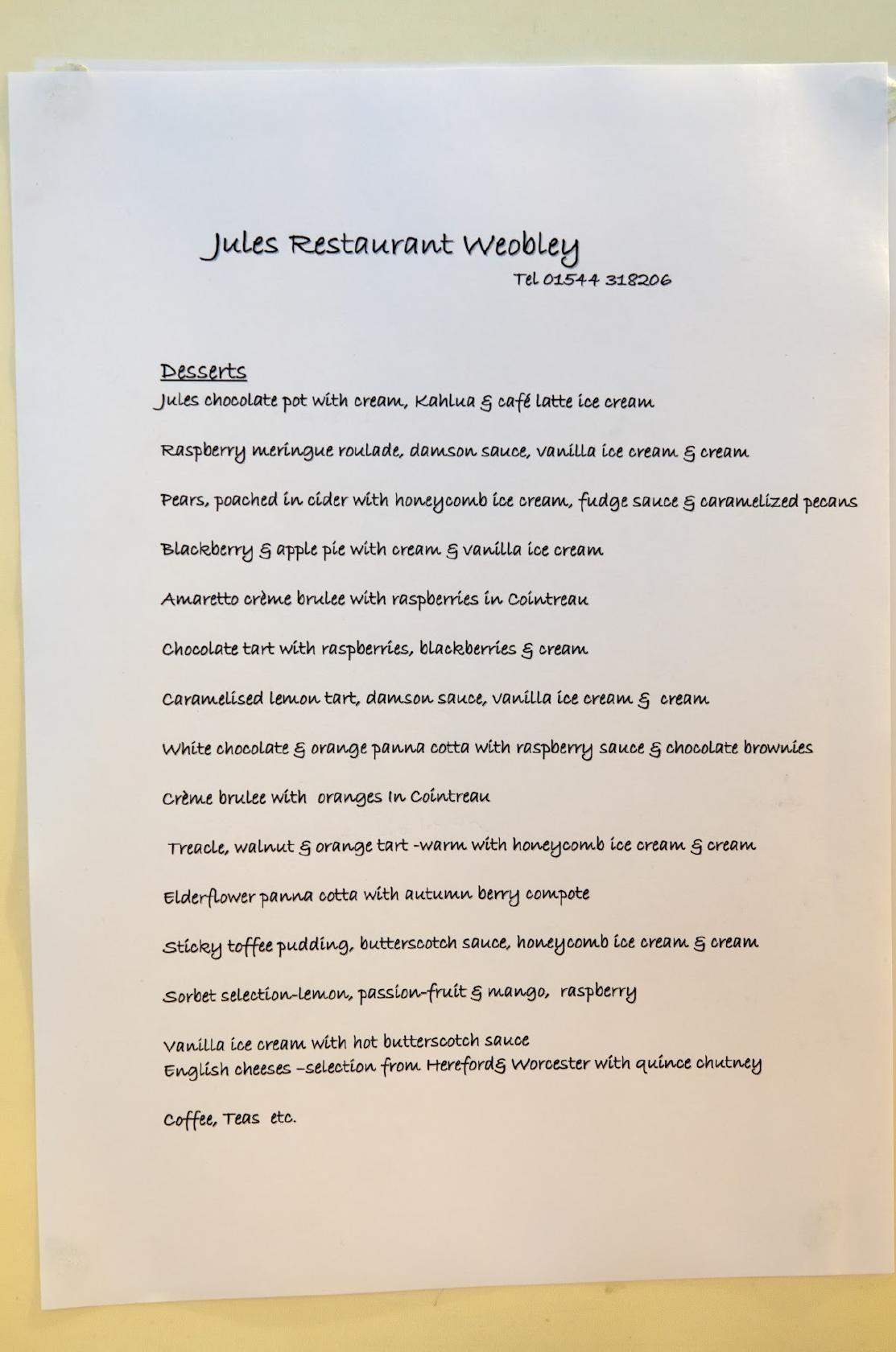 Menu at Jules Restaurant, Weobley