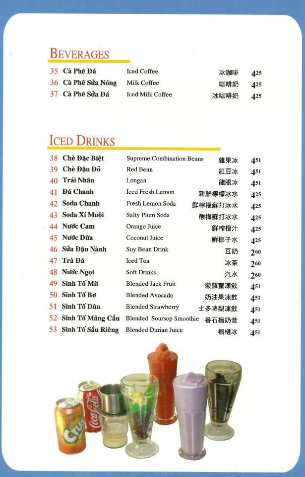 Menu at Pho 39 restaurant, Edmonton