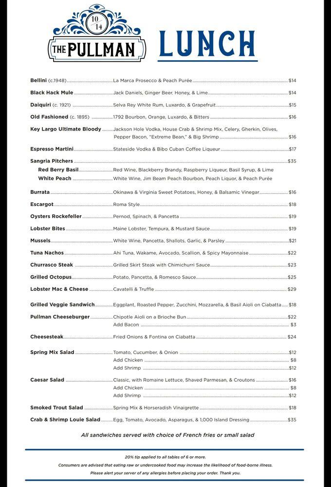 Menu at The Pullman Restaurant and Bar, Bryn Mawr