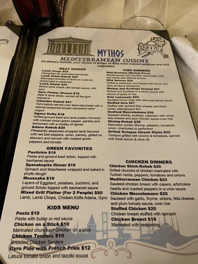 Menu at Mythos Taverna restaurant, Boca Raton