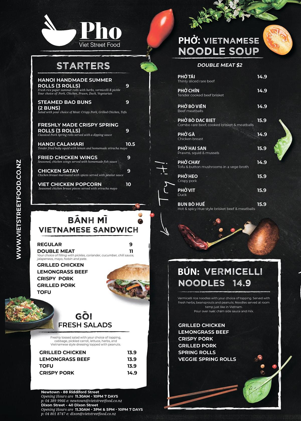 Menu at Pho Viet Street Food restaurant, Wellington, 40 Dixon St