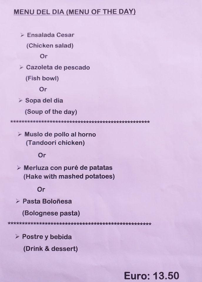 Menu at Sunrise restaurant, L'Albir