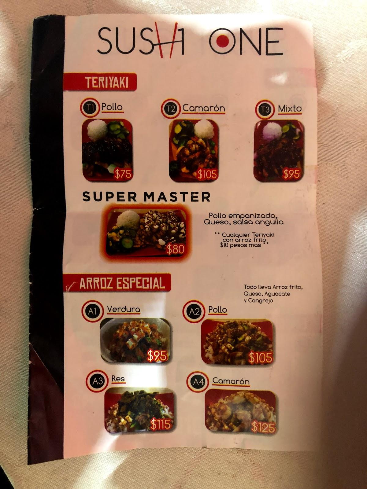 Menu at Sushi One restaurant, Tijuana