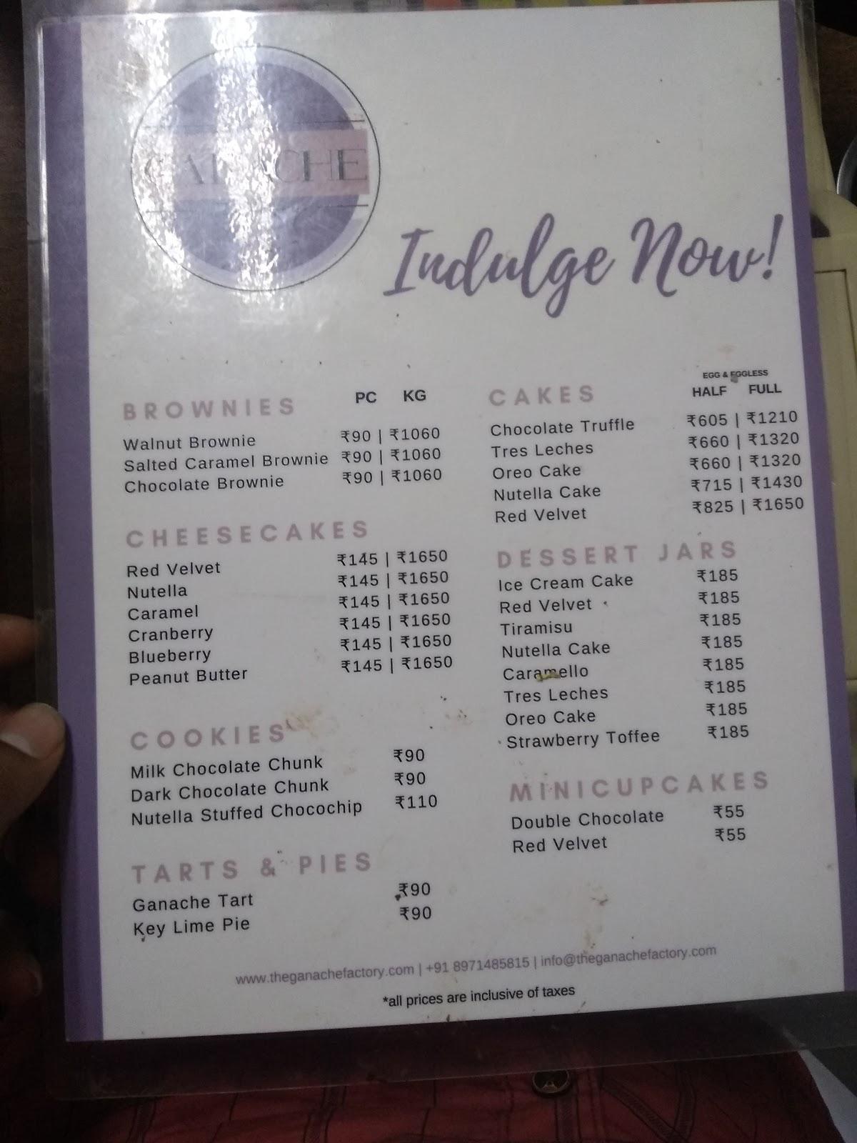 Menu at The Ganache Factory, Bengaluru, 156A