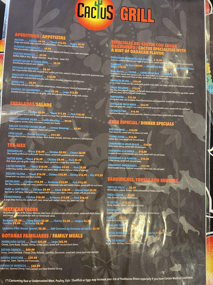Menu at Cactus Grill restaurant, Manassas
