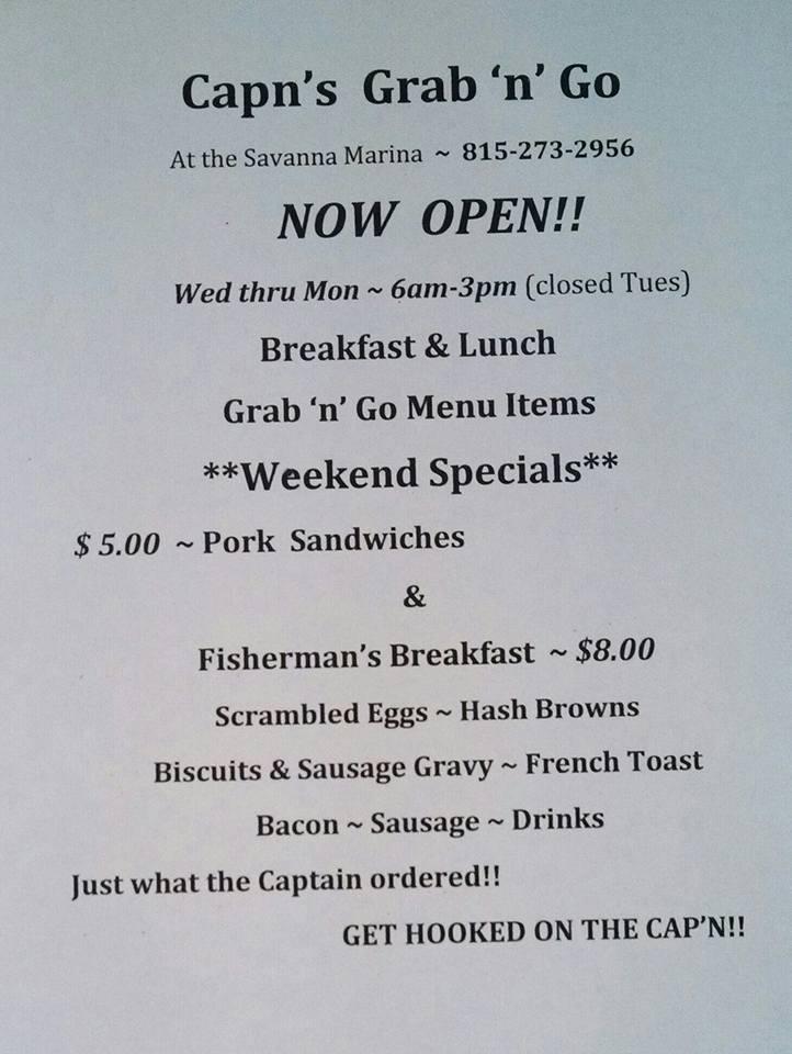 Menu at Capn's Grab 'n' Go fast food, Savanna