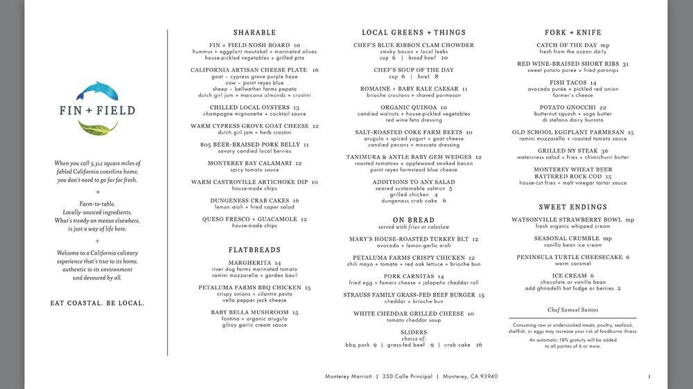 Menu at Fin + Field Restaurant and Bar, Monterey