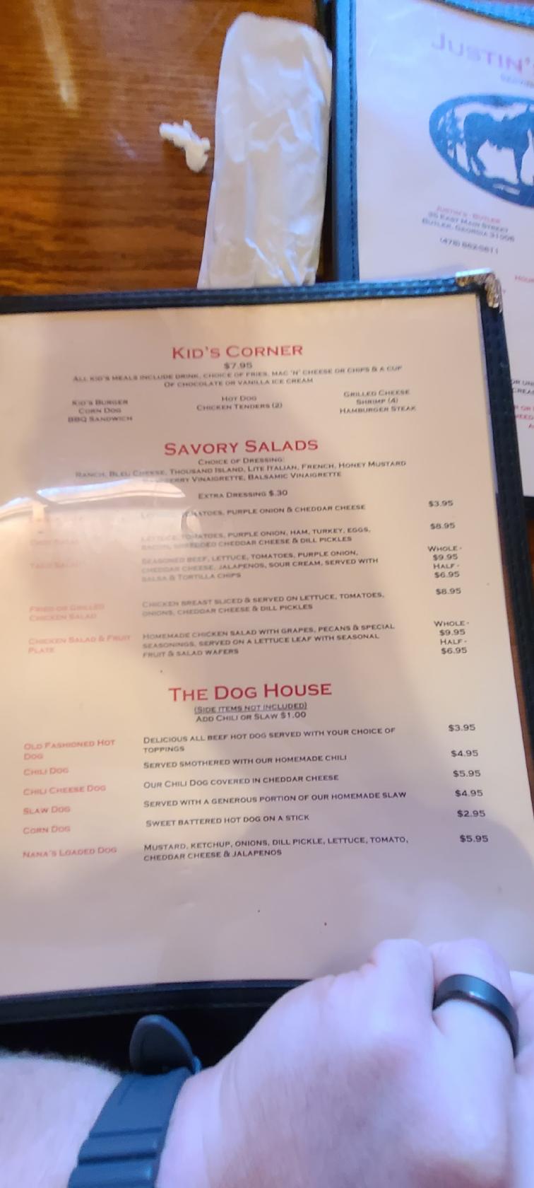 Menu at Justin's Place Restaurant, Butler