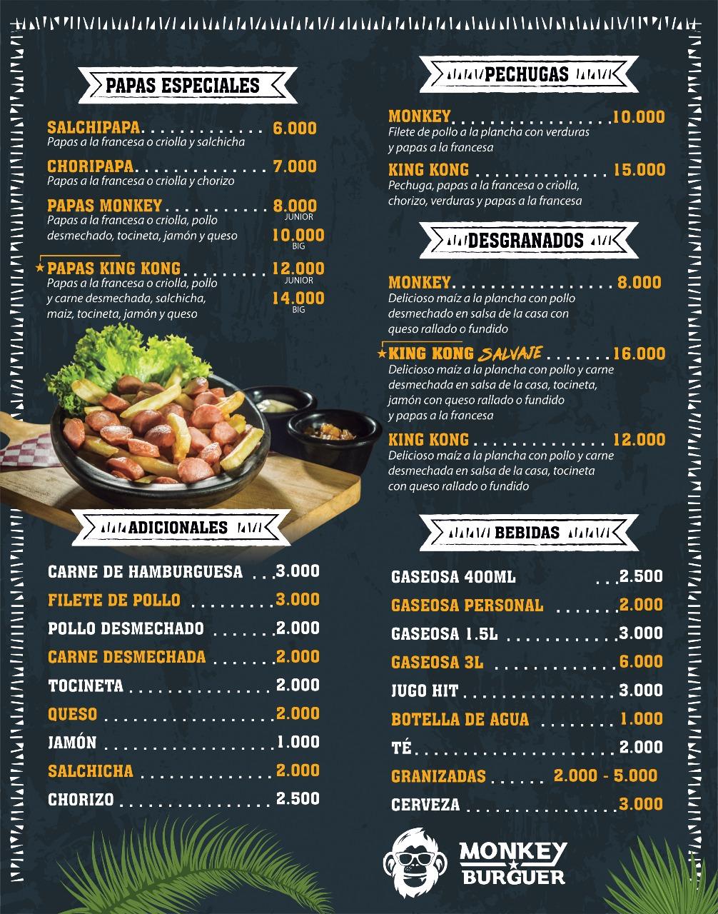Carta del restaurante MONKEY BURGER, Bucaramanga