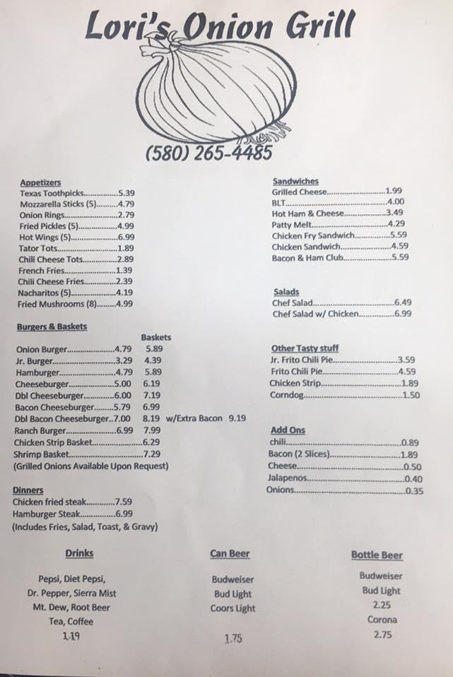 Menu at Lori's Onion Grill restaurant, Stonewall