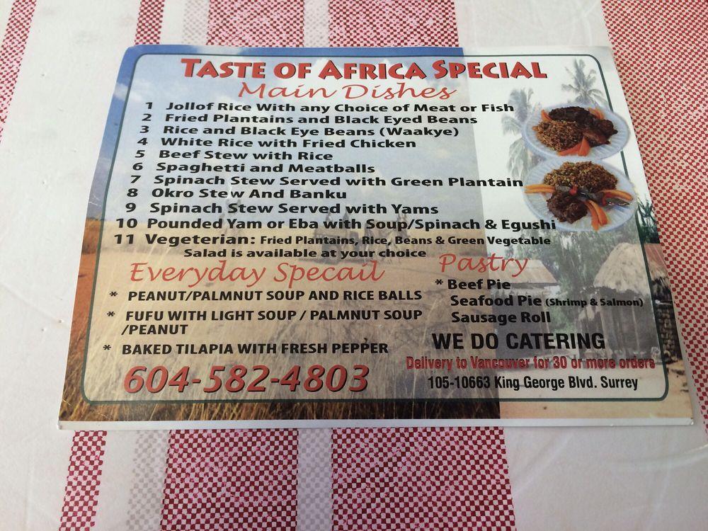 Menu at Taste of Africa restaurant, Surrey