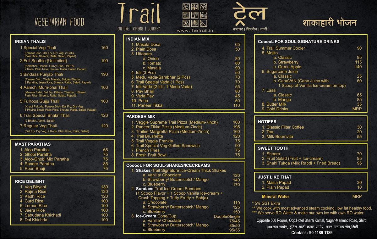 Menu at Trail Restaurant, Shirdi