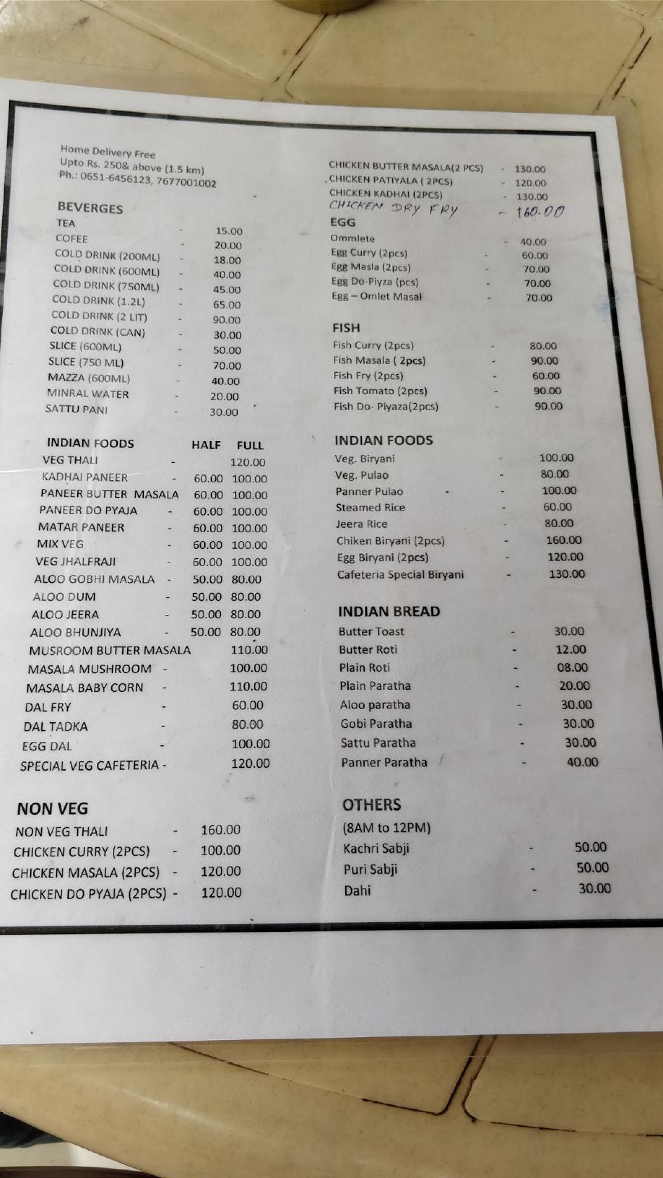 Menu at Cafeteria, Ranchi, 39