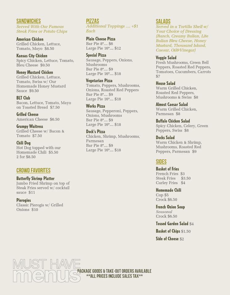 Menu at Dock's Corner Tavern pub & bar, Jamesburg, 216 Docks Corner Rd