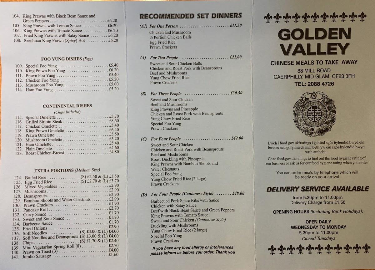 Menu at Golden Valley Chinese fast food, Caerphilly