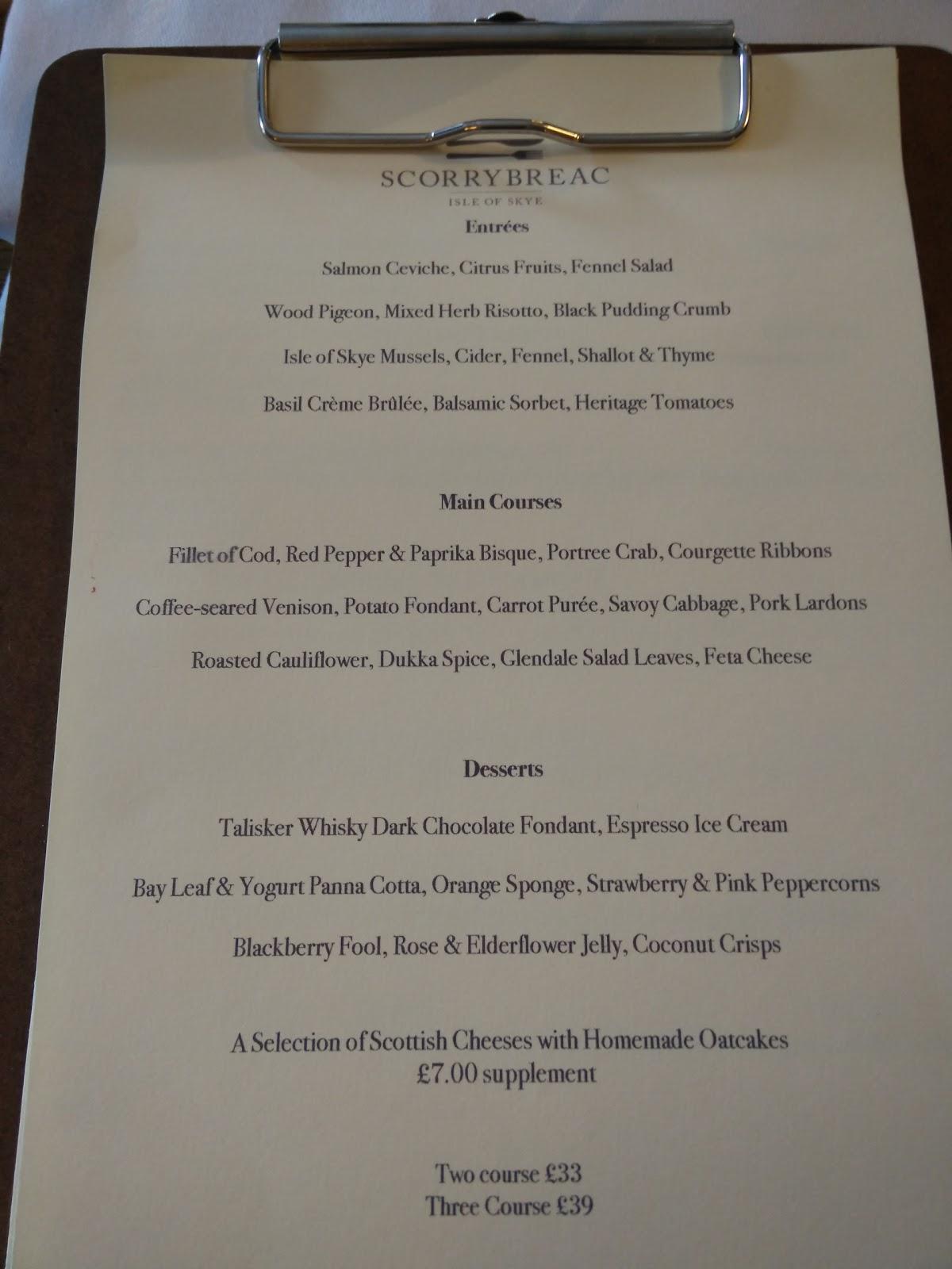 Menu at Scorrybreac Restaurant, Portree