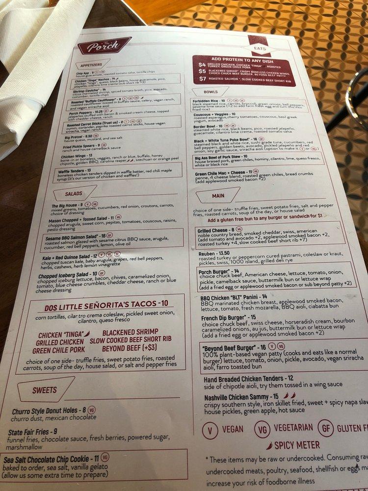 Menu at The Porch pub & bar, Tempe