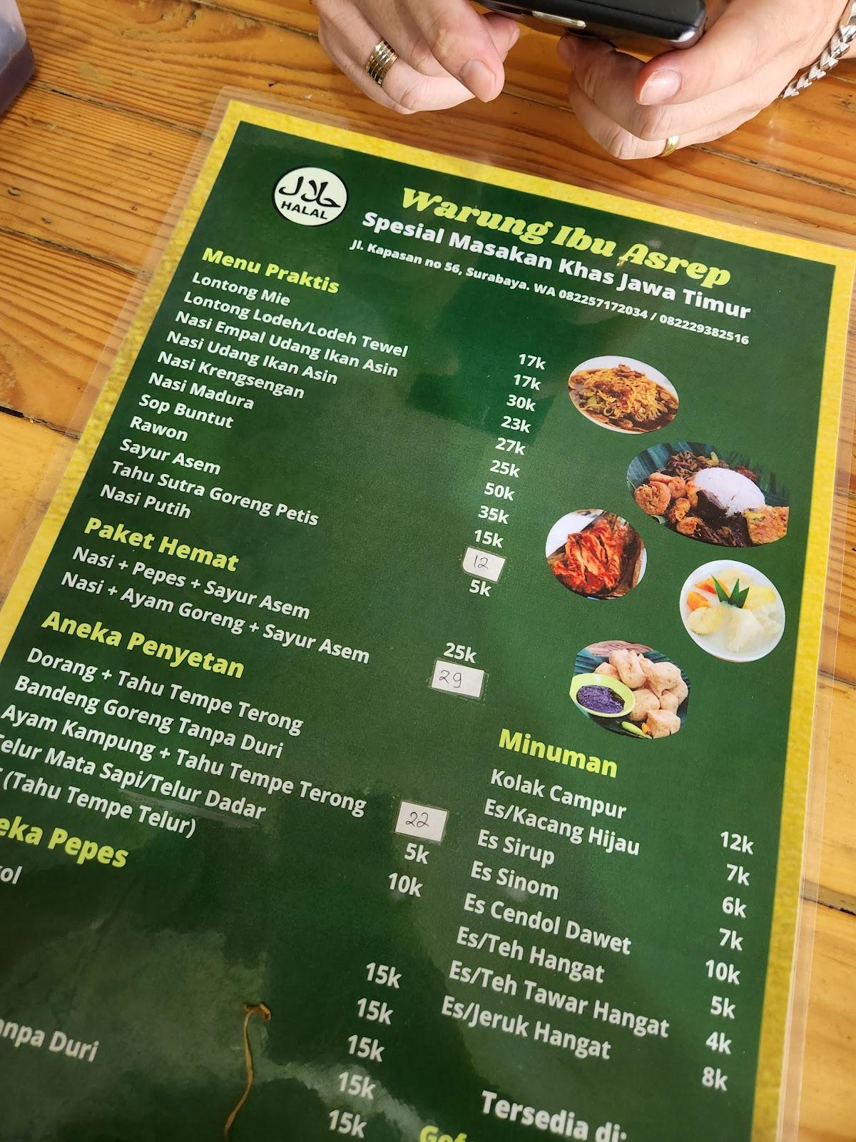 Menu at Warung Ibu Asrep restaurant, Surabaya