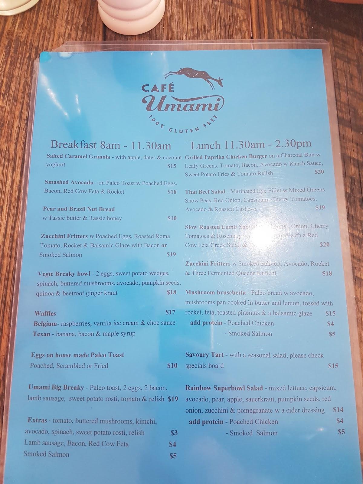 Menu at Cafe Umami, Wynyard