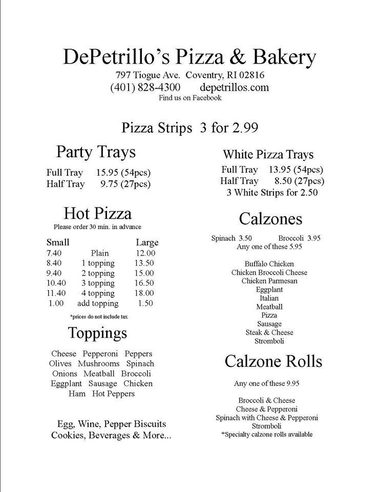 Menu at DePetrillo's Pizza & Bakery, Coventry, 797 Tiogue Ave