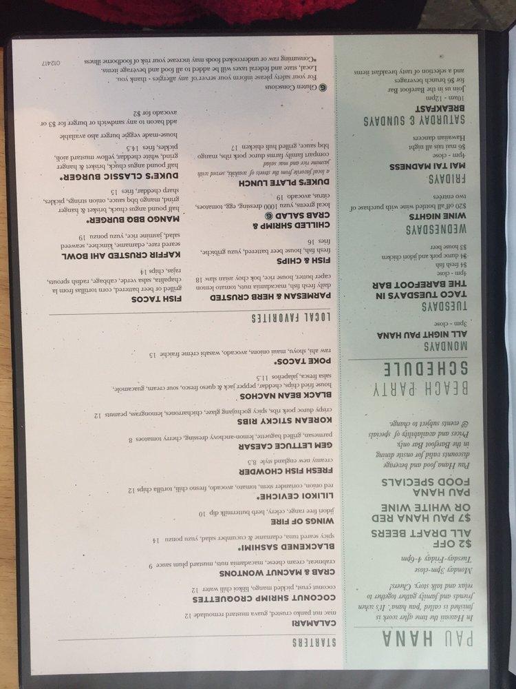 Menu at Duke's Malibu restaurant, Malibu